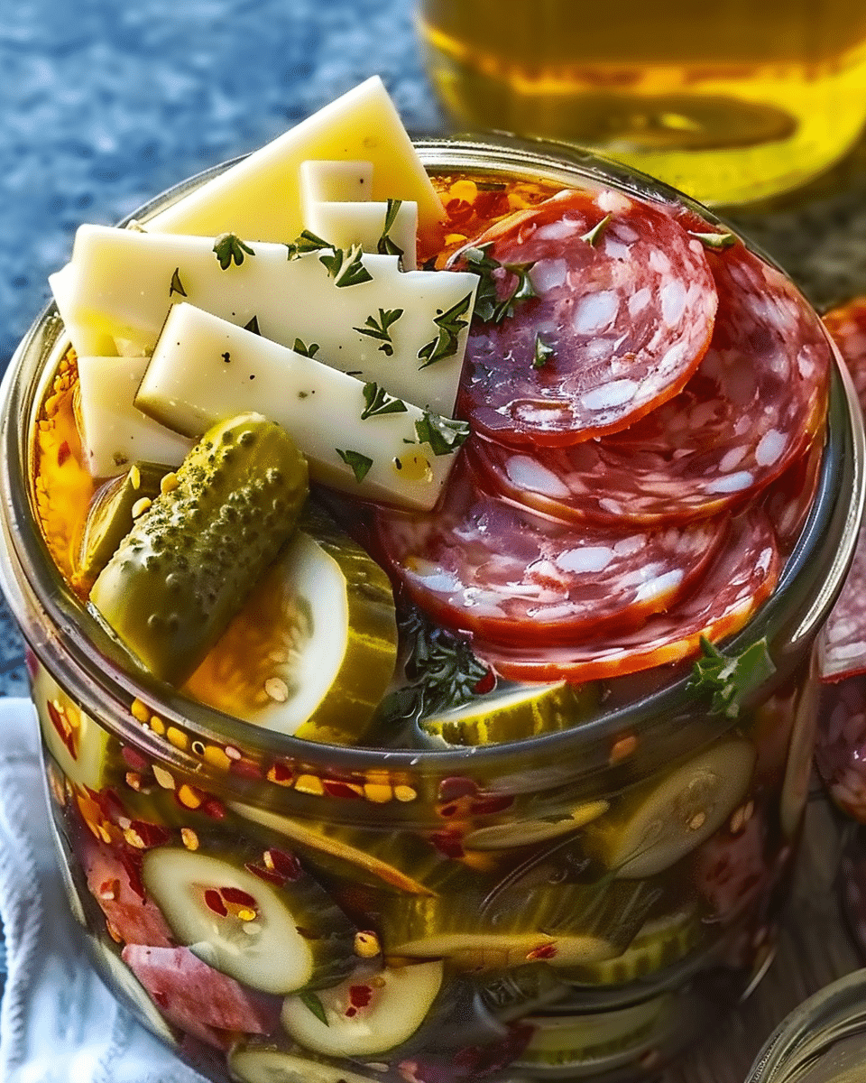 Easy Marinated Cheese Appetizer with Salami & Pickles | Sue Recipe
