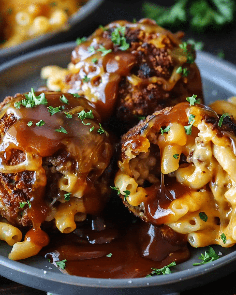 Baked Mac ’n’ Cheese Stuffed Meatball Bombs with BBQ Drizzle | Sue Recipe