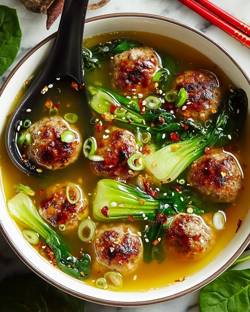 Ginger Chicken Meatball Soup with Baby Bok Choy & Wonton Strips