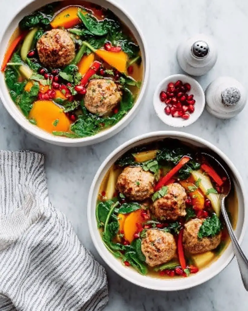 Ginger Chicken Meatball Soup with Baby Bok Choy & Wonton Strips