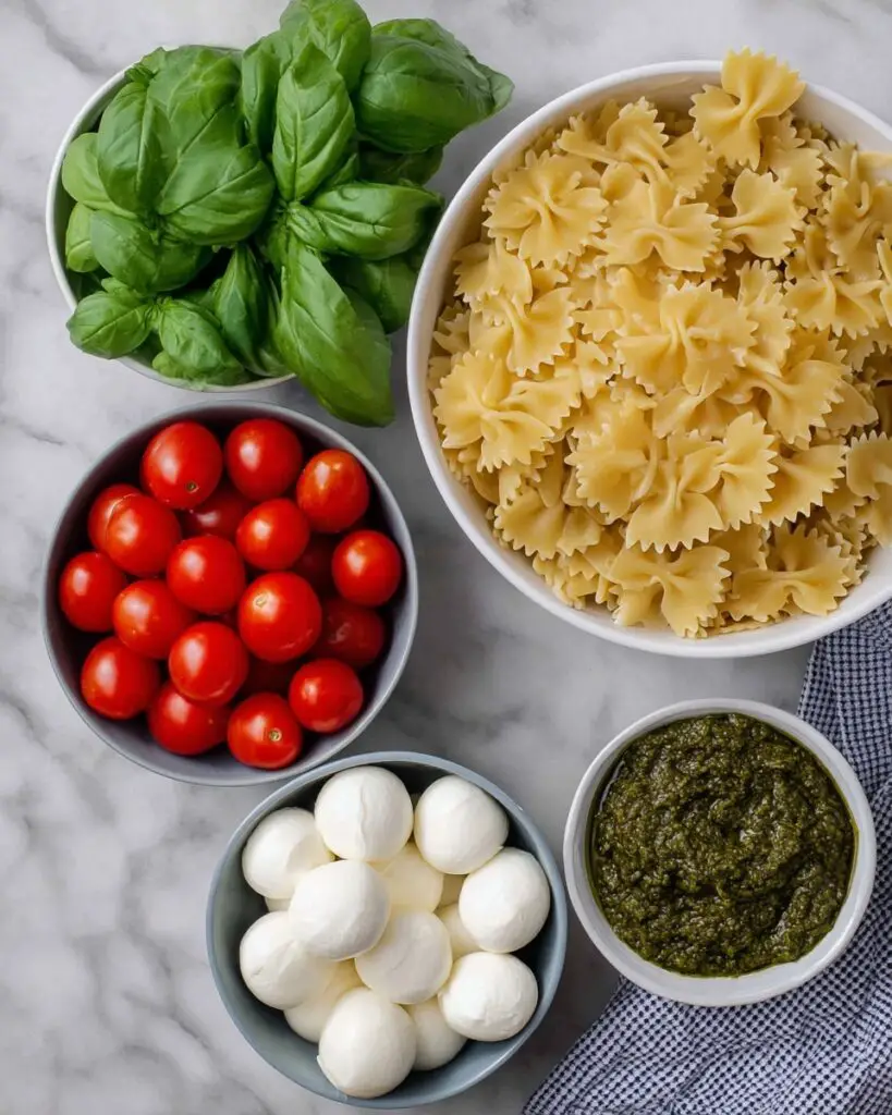 Bow Tie Pasta Salad with Pesto, Cherry Tomatoes & Mozzarella